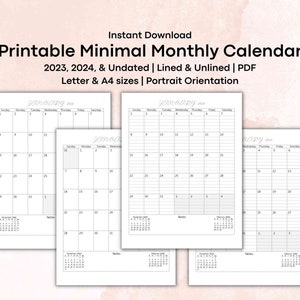 Instant Download Printable Minimalist 2023 2024 Calendar Portrait ...