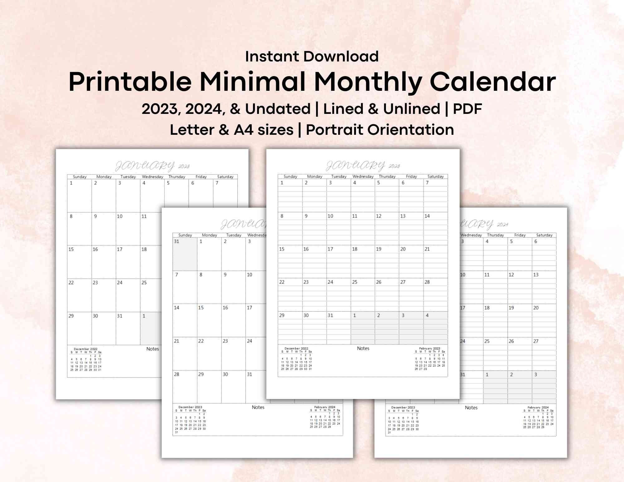 Instant Download Printable Minimalist 2023 2024 Calendar Portrait ...