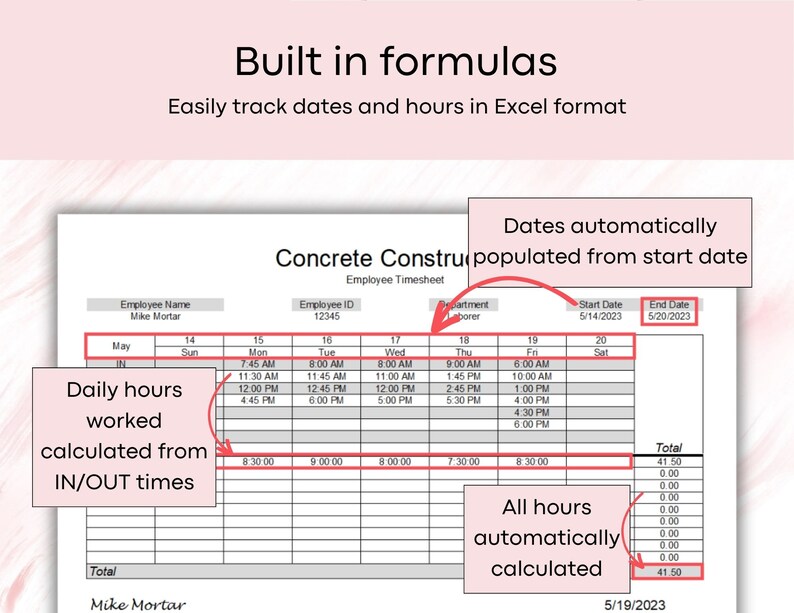 Timesheet Printable Employee Time Sheet Weekly Schedule Template Work ...