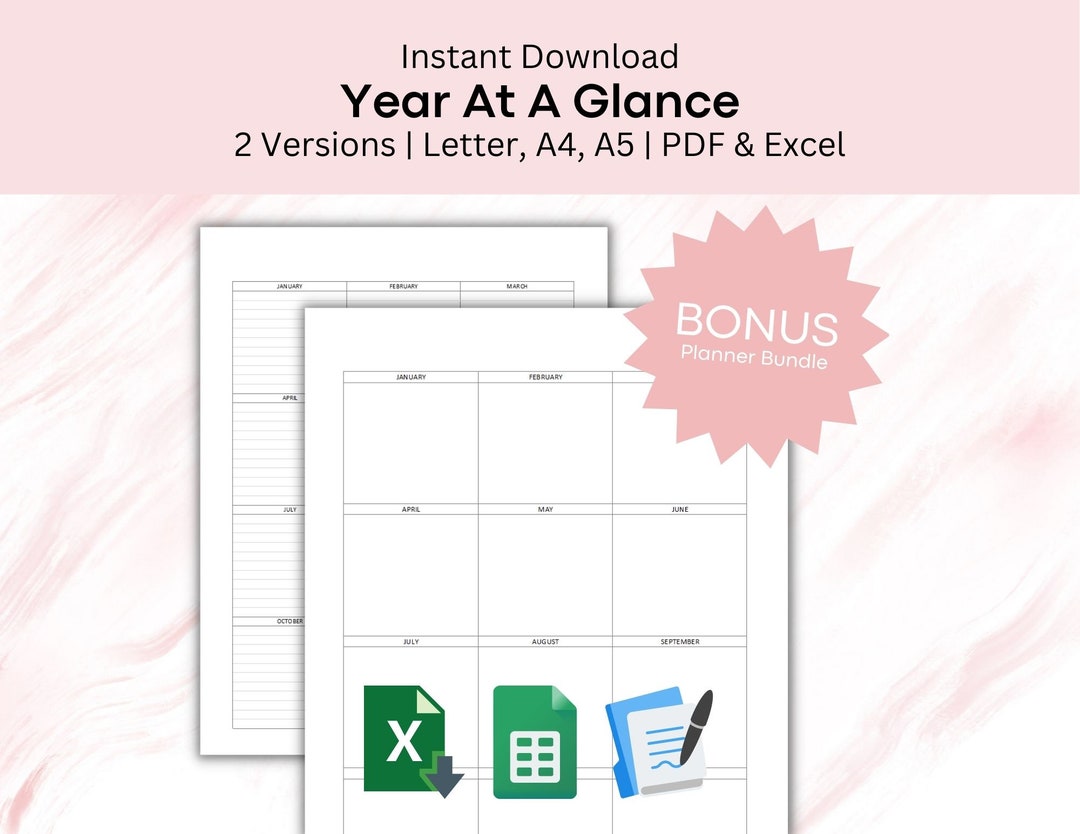 Year at a Glance Planner Yearly Overview Yearly Planner 12 Month ...