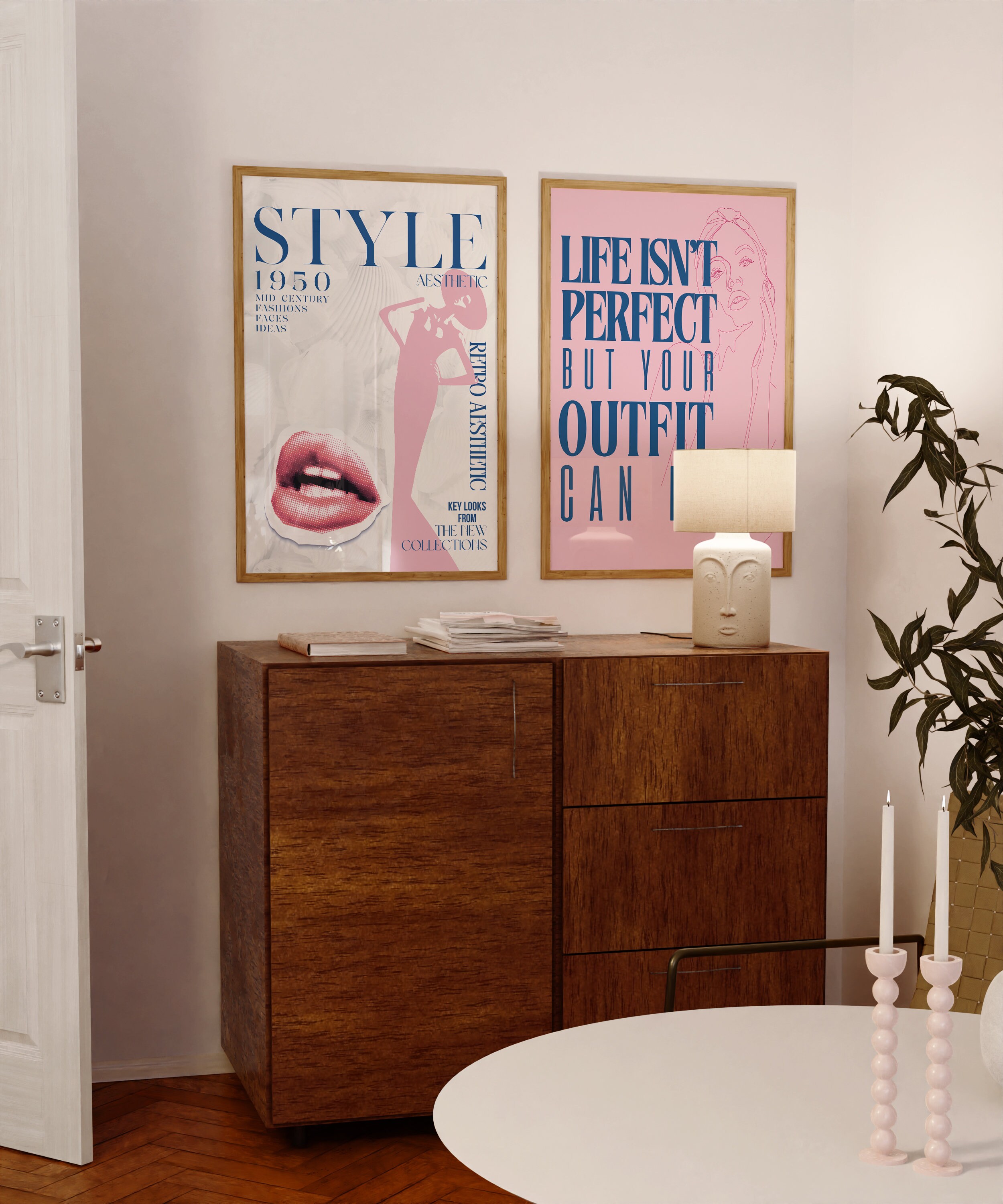 Print Set of 2, 1950s Vibe, Outfit Poster, Pink Wall Art, Vogue Print ...