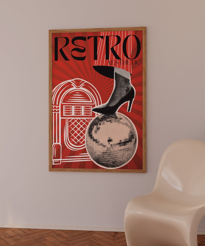 Retro Jukebox Poster: 70s Disco Ball & High Heel Art - Etsy