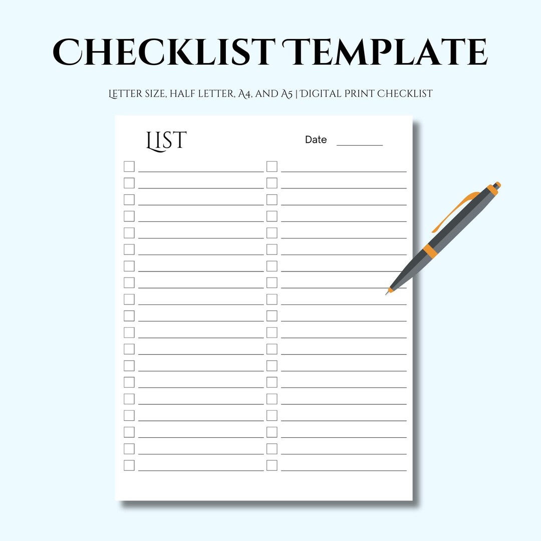 Blank Checklist Template | Digital Print Daily Checklist | Simple ...