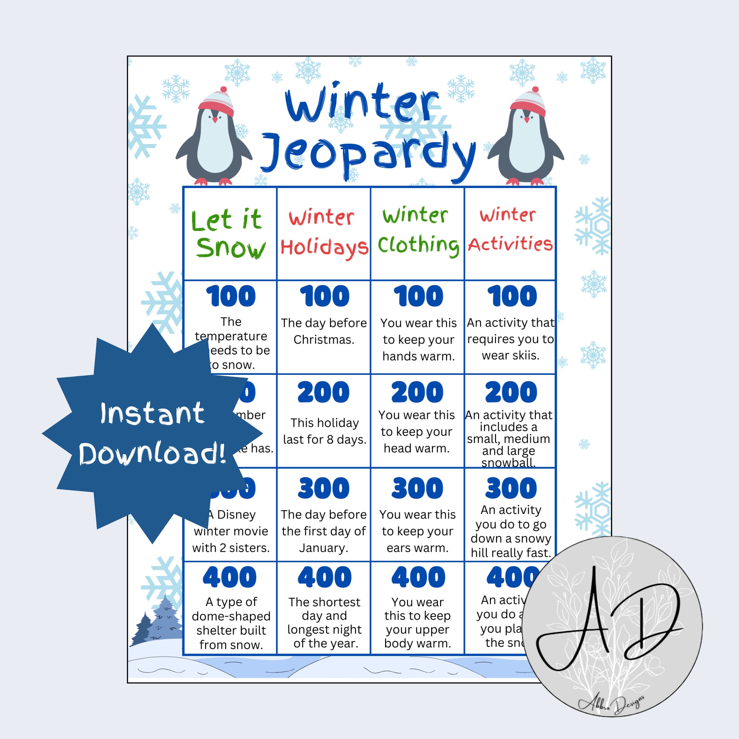 Kids Winter Jeopardy - Etsy