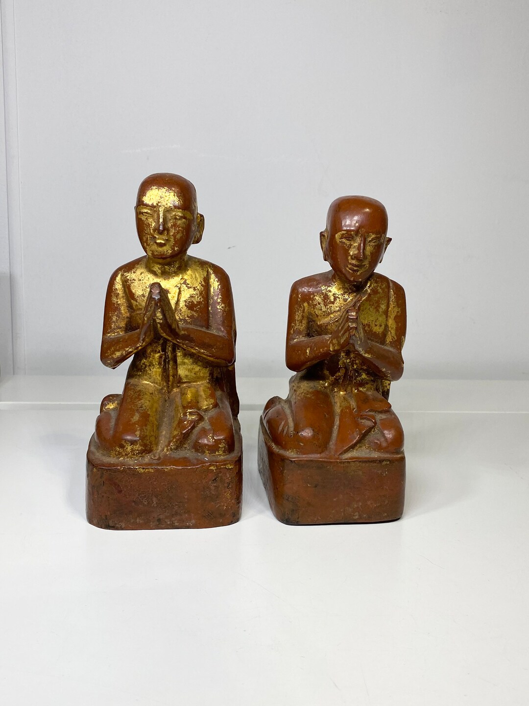 Antique Hand-carved Wooden Kneeling Monk Statues Pair of 2, Painted W ...