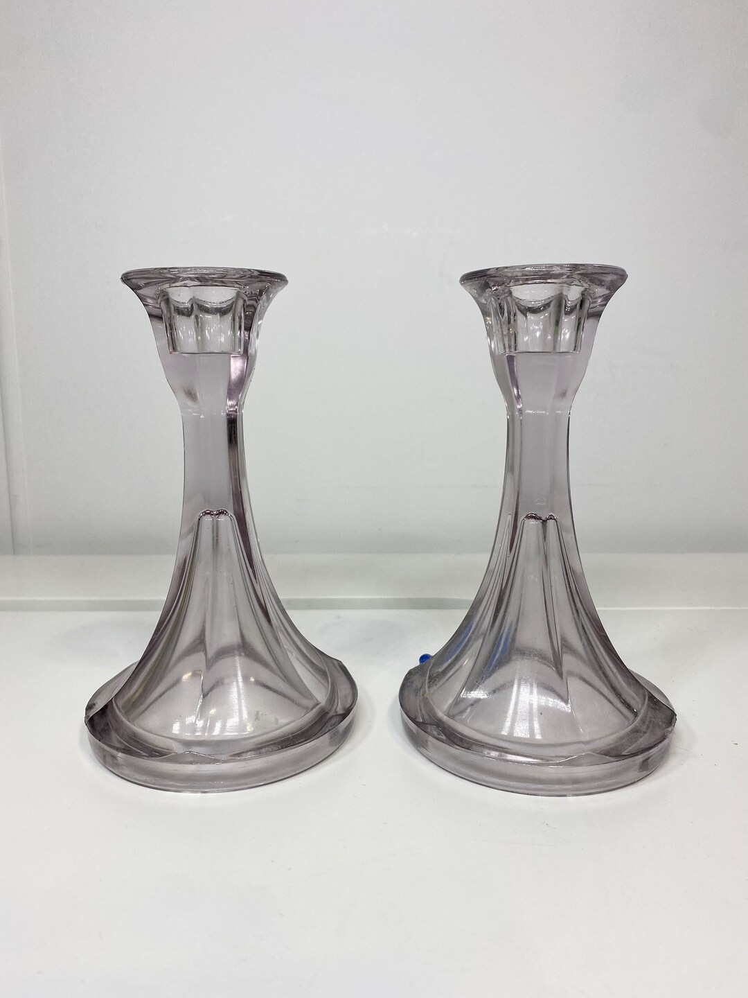 Vintage Pair of Purple Tinted Glass Candlestick Holders Midcentury Deco ...