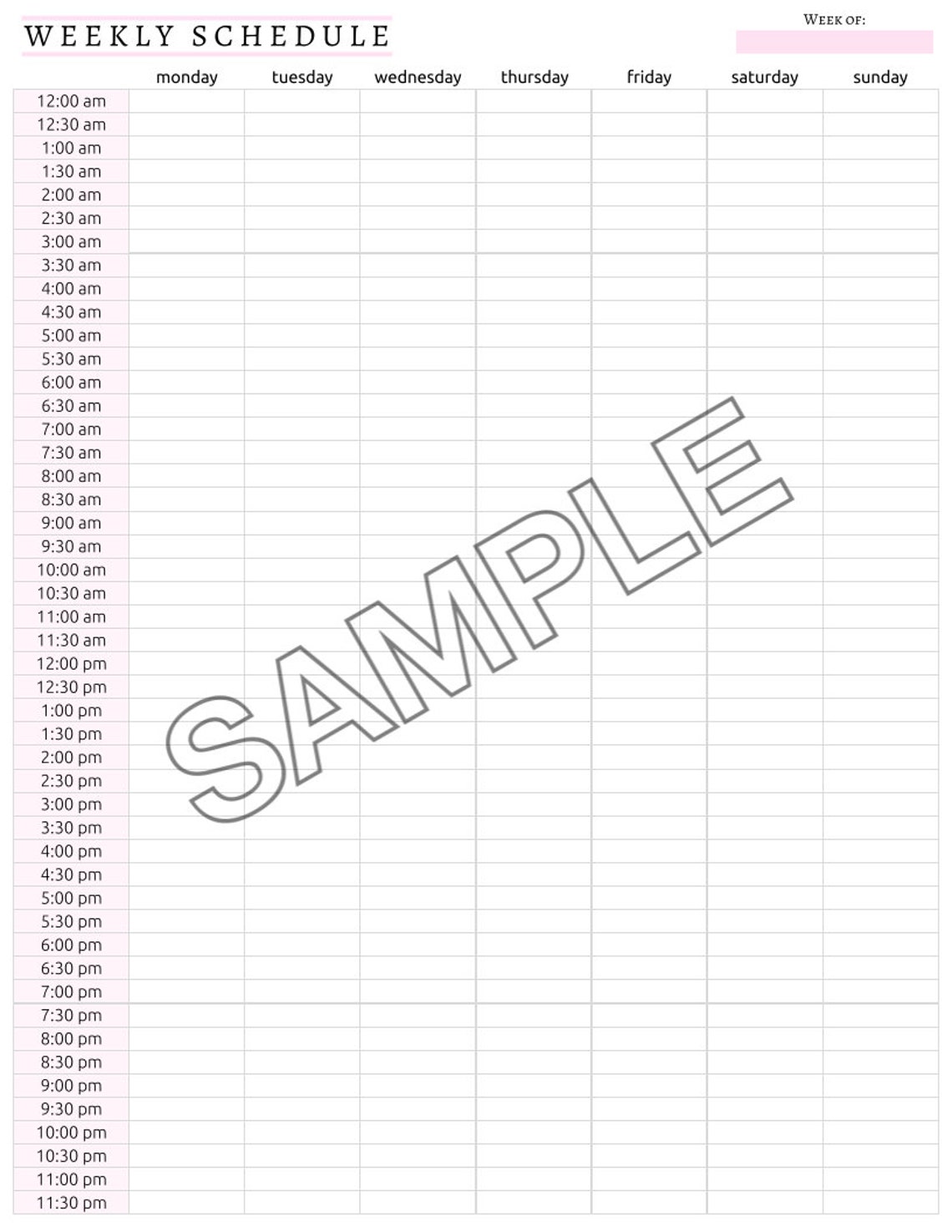 24 Hour 30-minute Weekly Planner, Digital Download, Time Blocking ...