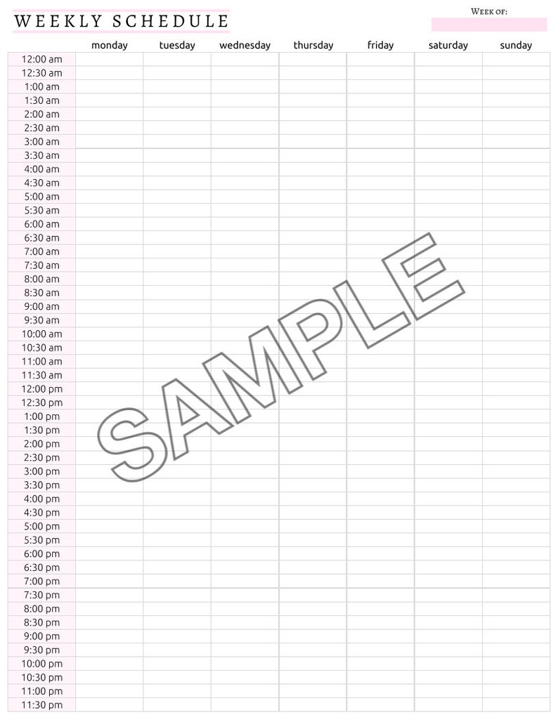 24 Hour 30-minute Weekly Planner, Digital Download, Time Blocking ...
