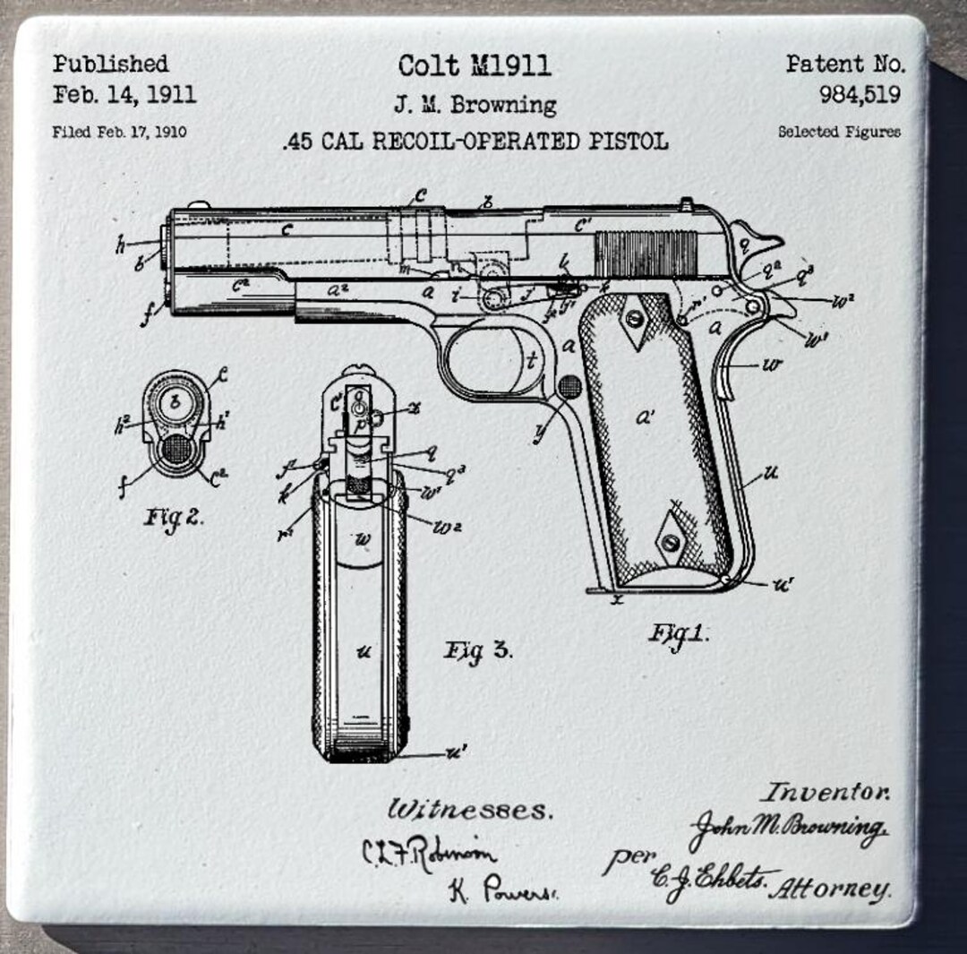 M1911 Patent Art Coaster Set: Firearm Enthusiast Gift - Etsy