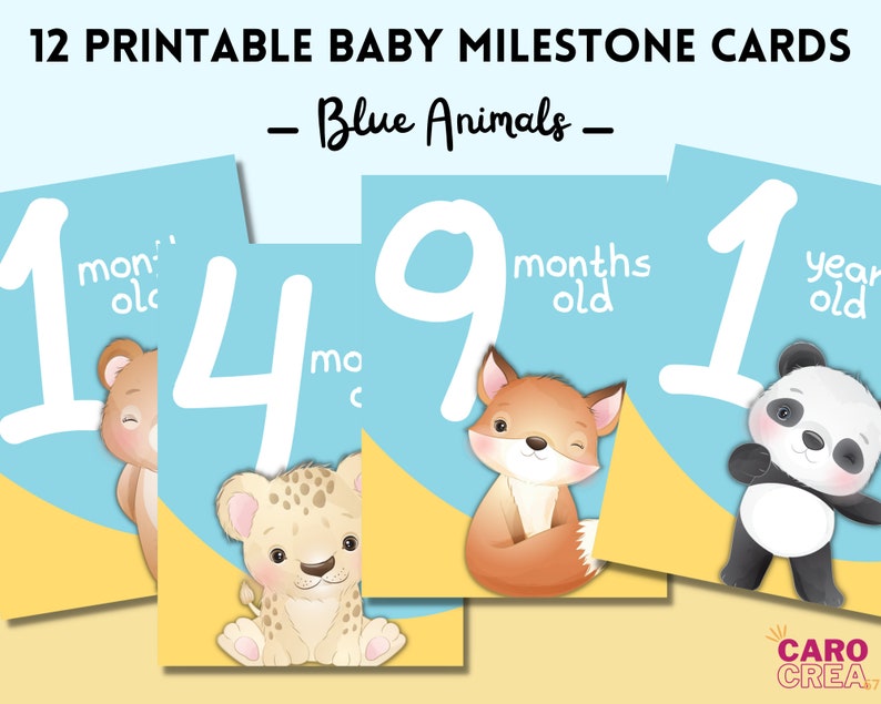 Printable Baby Milestone Cards for Baby Boy, Blue Animal Theme, Baby ...