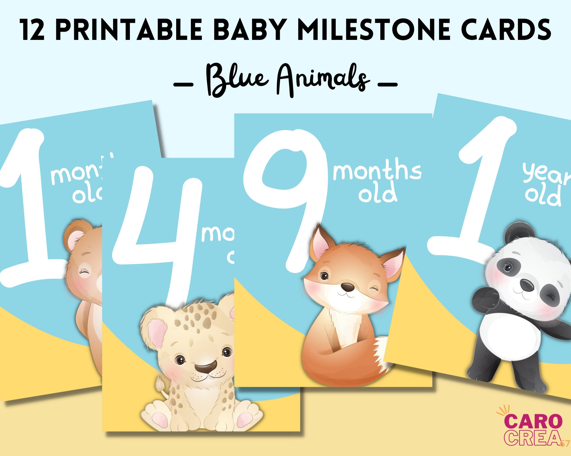 Printable Baby Milestone Cards for Baby Boy, Blue Animal Theme, Baby ...