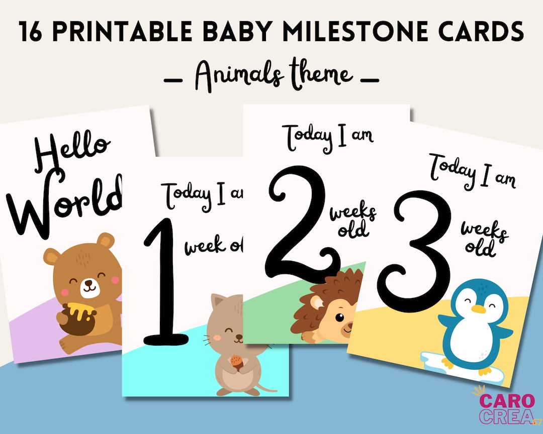 Printable Baby Milestone Cards, Animals Theme, Baby First Year, Pdf to ...