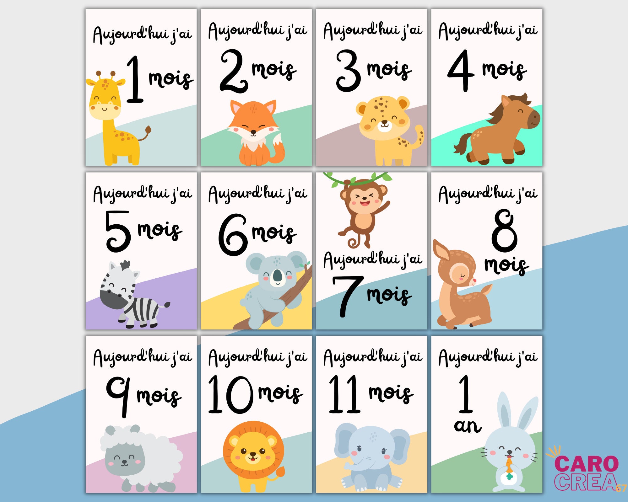 Baby Milestone Cards, PDF to Download With 16 Cards to Print, Animal ...