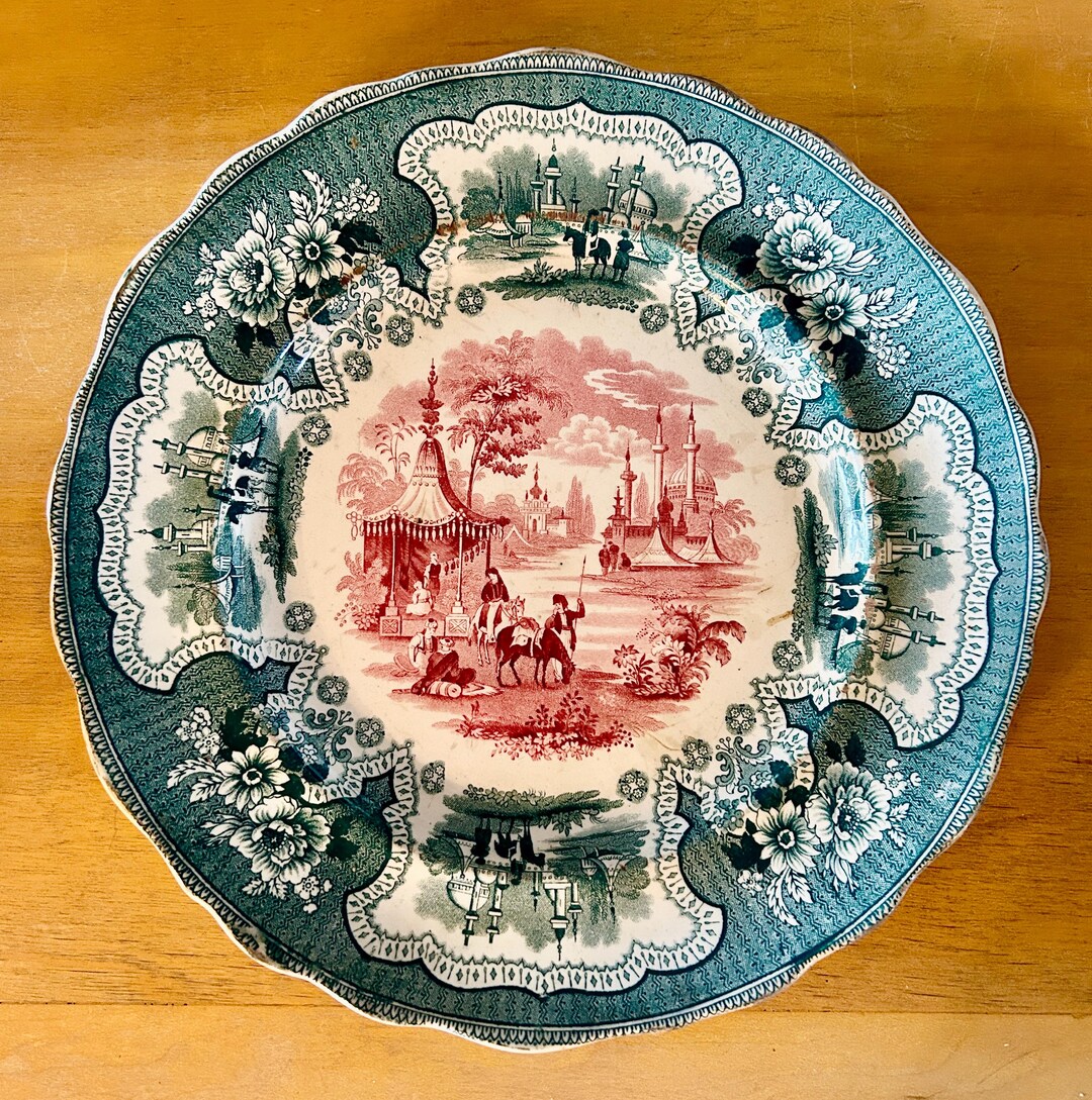 Rare Antique Adams Palestine Bi Color Green and Red Transferware Plate ...