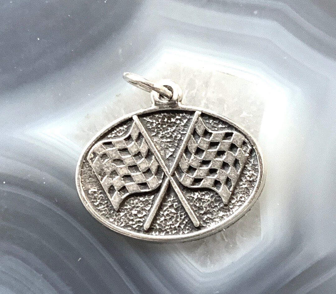 Vintage Sterling Checkered Flag Charm, Oval Silver Racing Car Flags ...