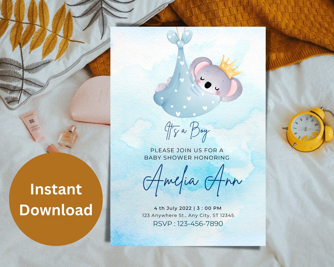 Blue Watercolor Cartoon Cute Baby Shower, Baby Shower Invite, Printable ...