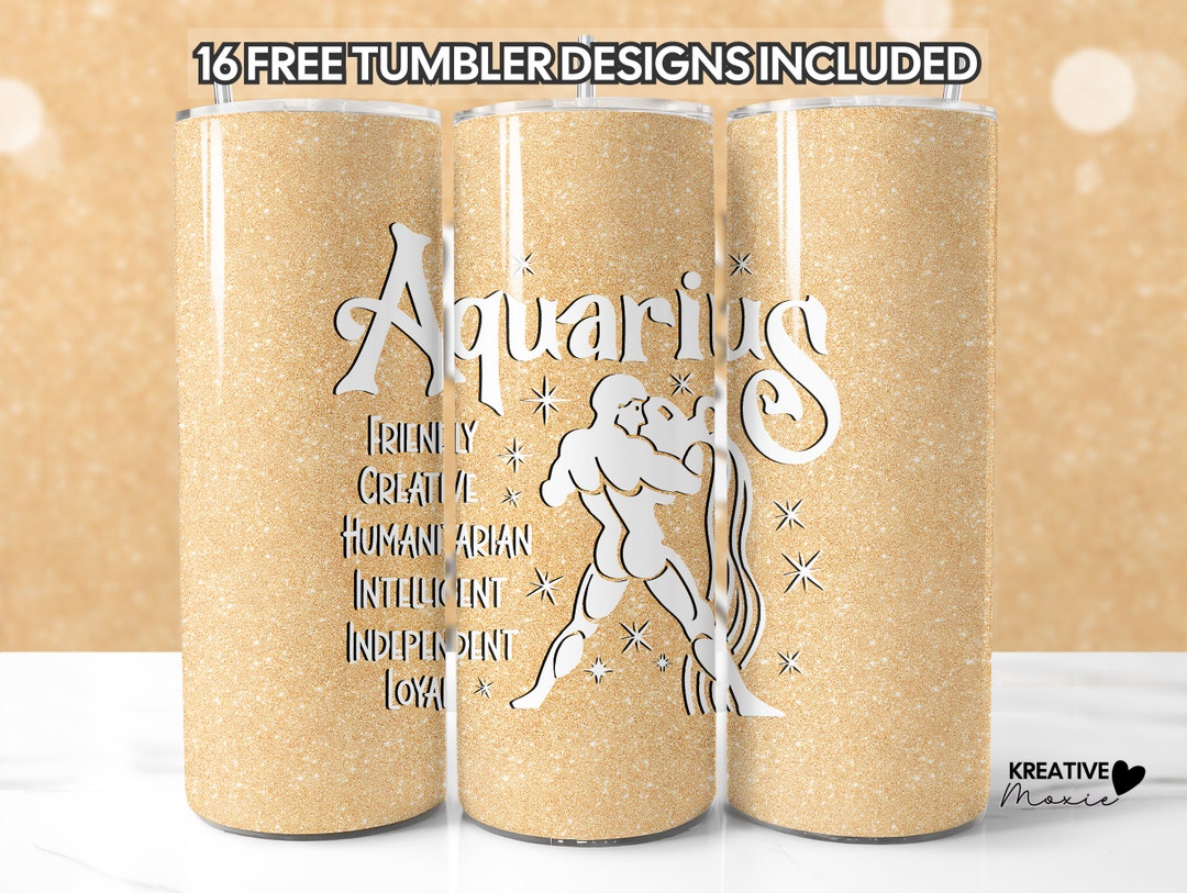 Aquarius Zodiac Tumbler Wrap PNG, Gold Glitter Sublimation Designs ...