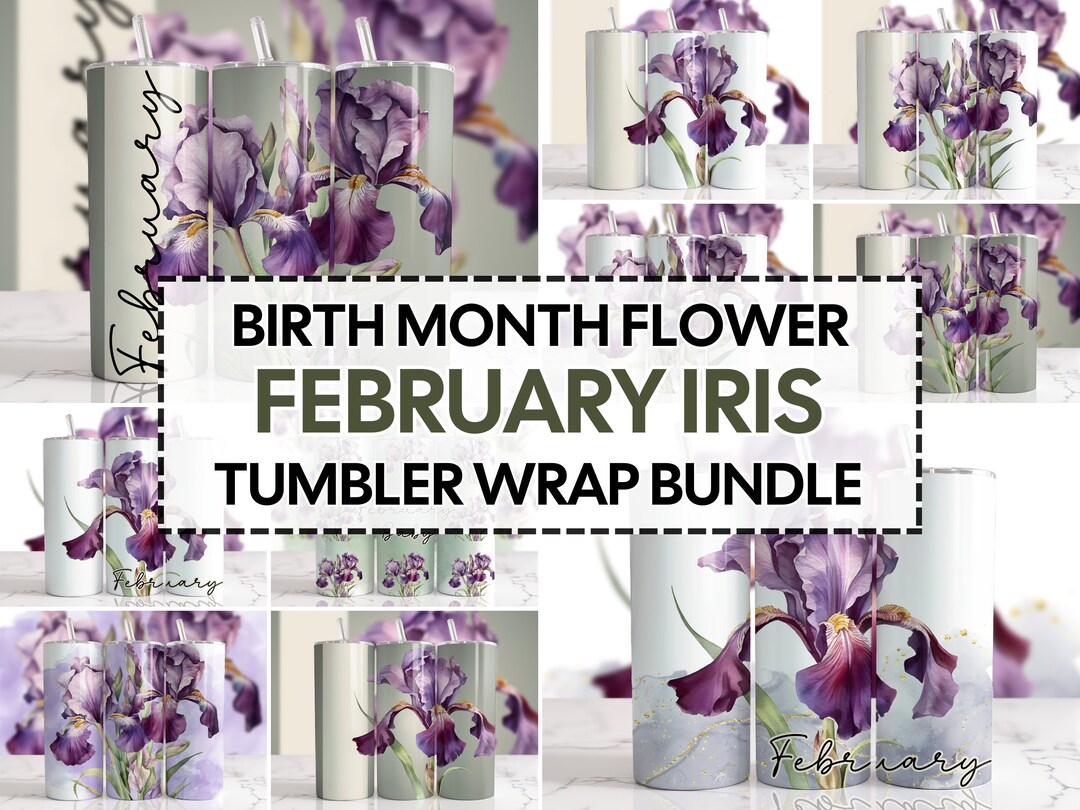 Birth Month Iris Tumbler Wrap Bundle, February Floral PNG, Watercolor ...