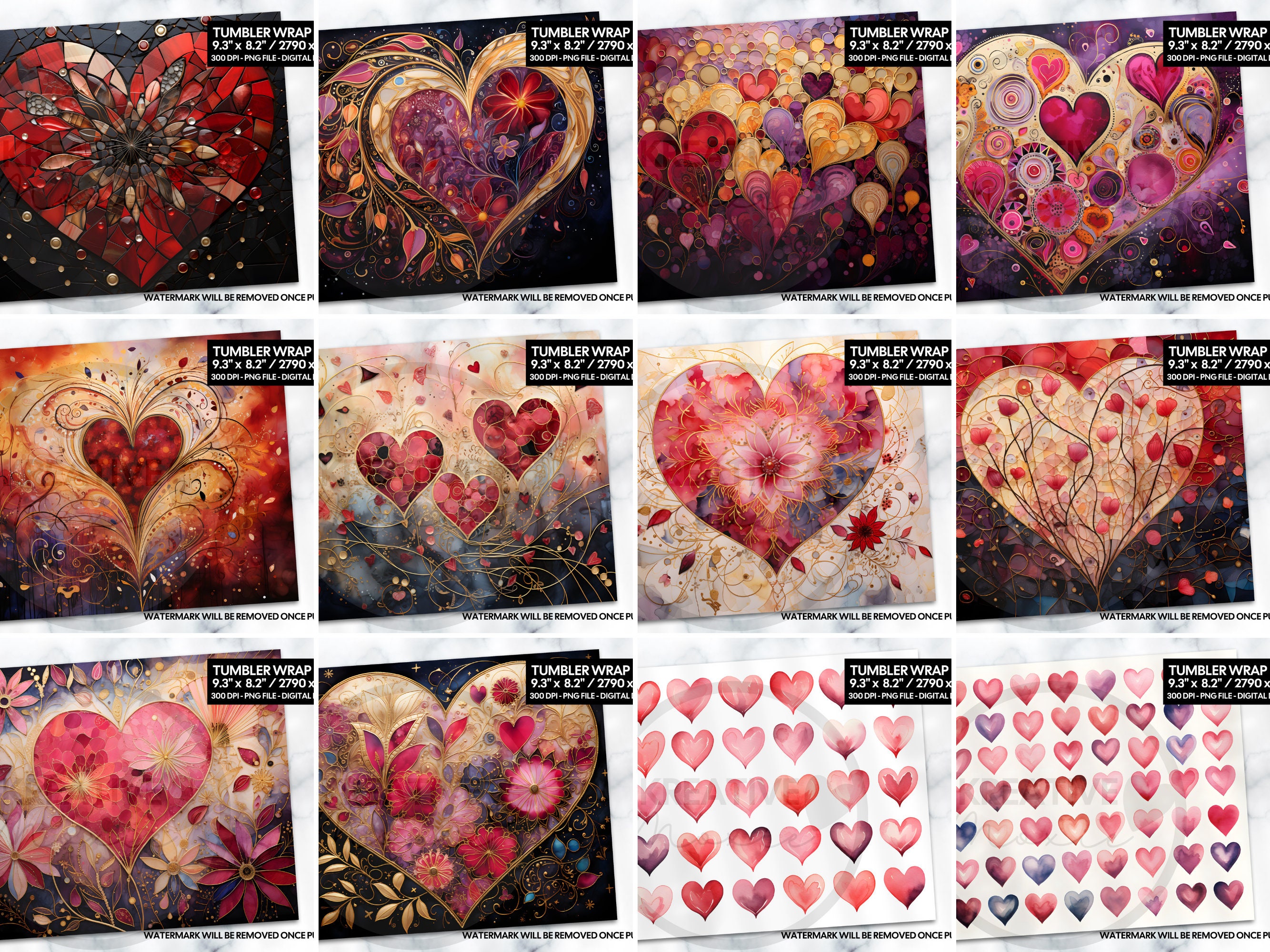 Valentine Heart Tumbler Wrap Bundle, 20oz Skinny Sublimation Designs ...