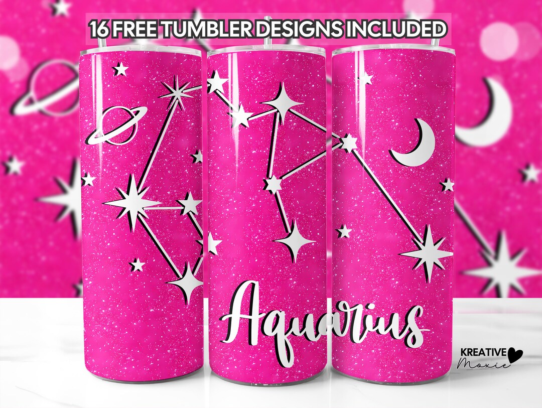 Aquarius Tumbler Wrap PNG: Pink Glitter Constellation Design (digital ...