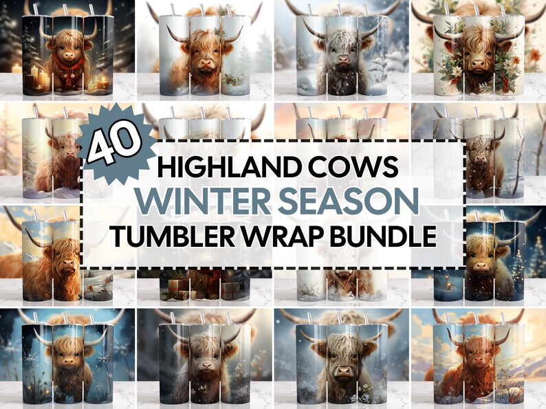 Highland Cow Tumbler Wrap Bundle, Winter Scottish Highlands Cattle ...