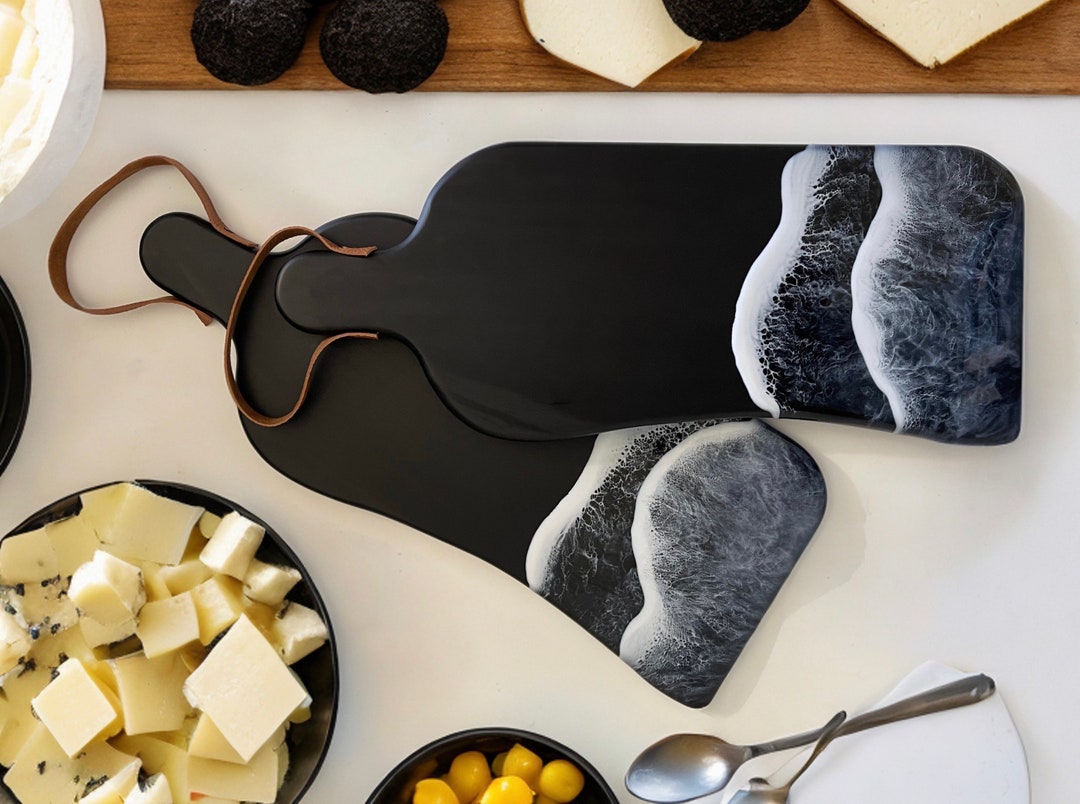 Black Resin Wood Cheese Board: Handmade Ocean Wave Serving Board - Etsy