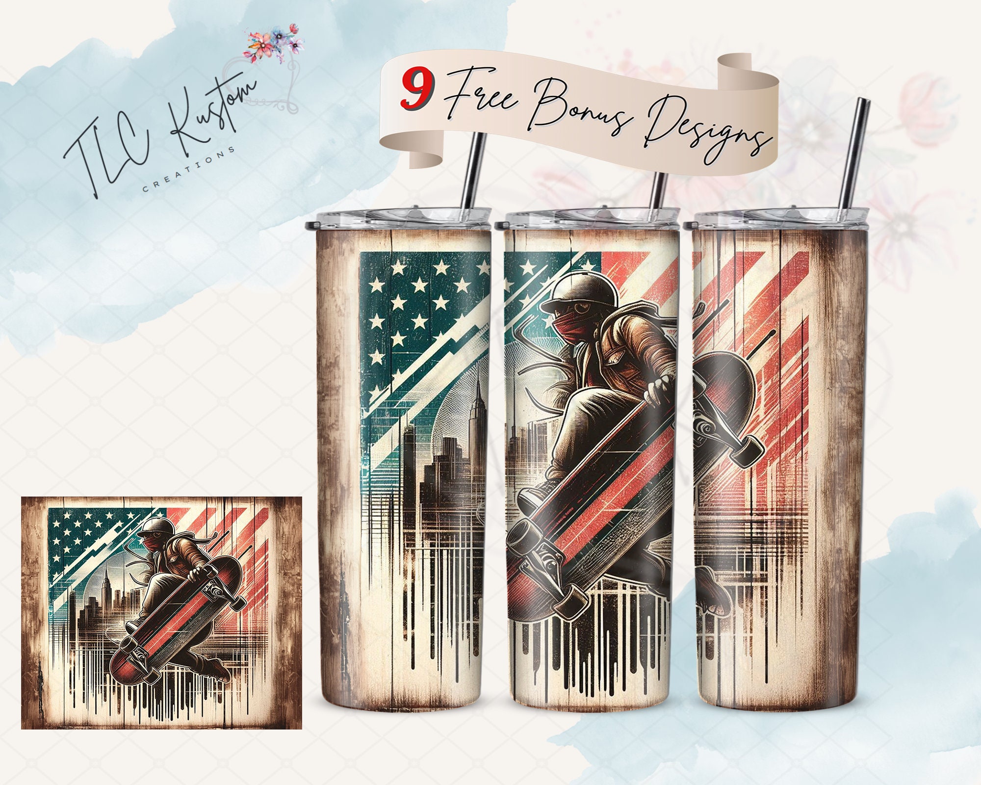 Retro Skateboard Patriotic Flag Skateboarding PNG Tumbler Design Wrap ...