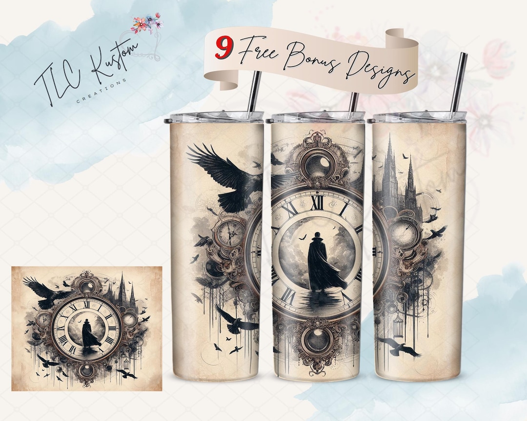 Gothic Dracula Clock and Ravens Vintage Look Tumbler Design Wrap | 20oz ...