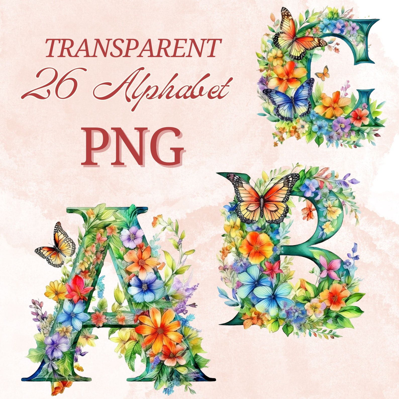 26 PNG, Watercolor Spring Floral Alphabet Collection Clipart, Alphabet ...