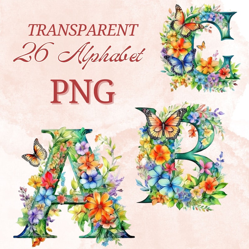 26 PNG, Watercolor Spring Floral Alphabet Collection Clipart, Alphabet ...
