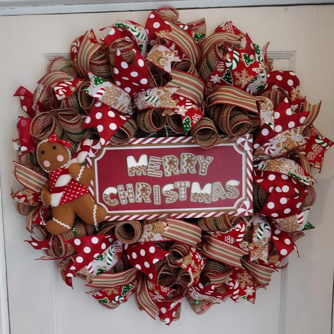 Merry Christmas Wreath Gingerbread Wreath Red Beige Burlap Deco Mesh ...