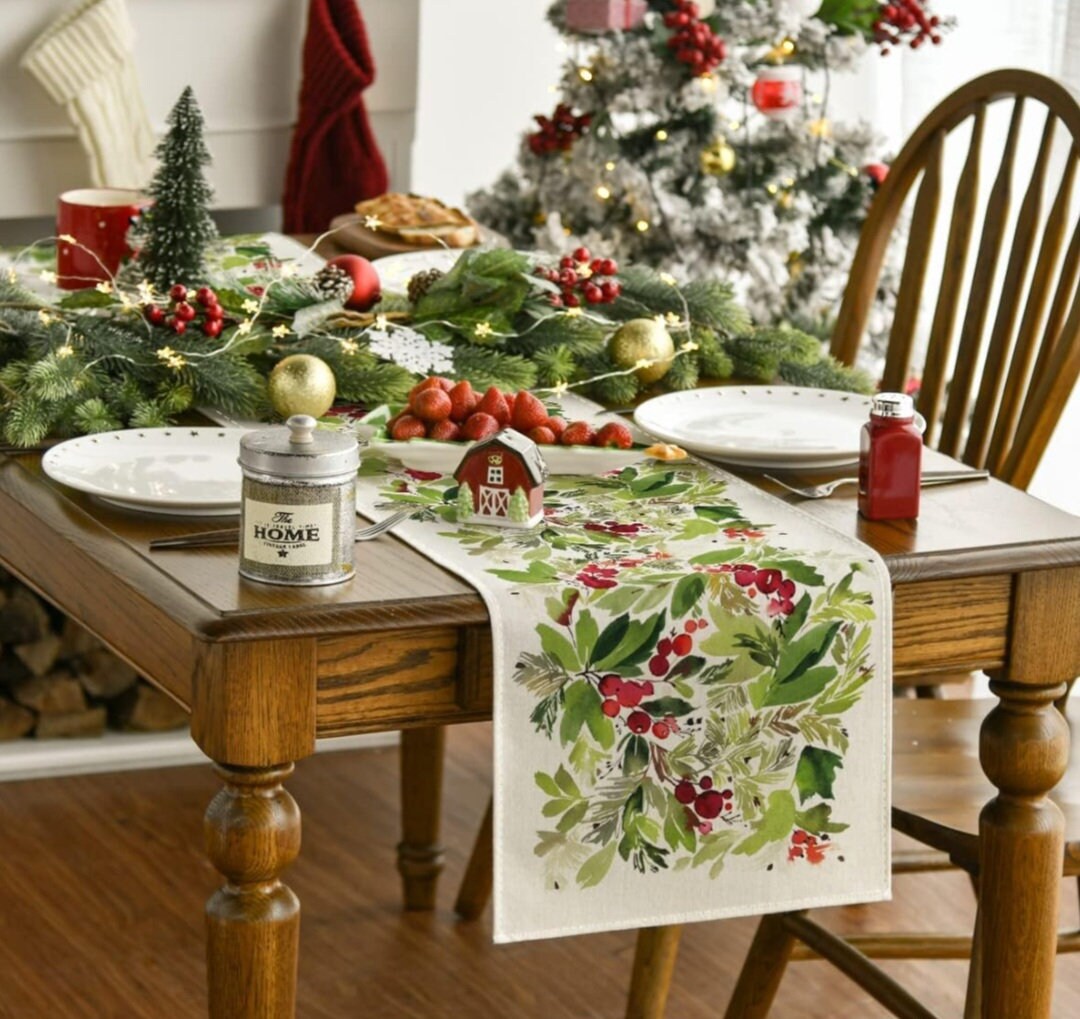 Watercolor Holly Christmas Table Runner, Seasonal Winter Xmas Holiday ...