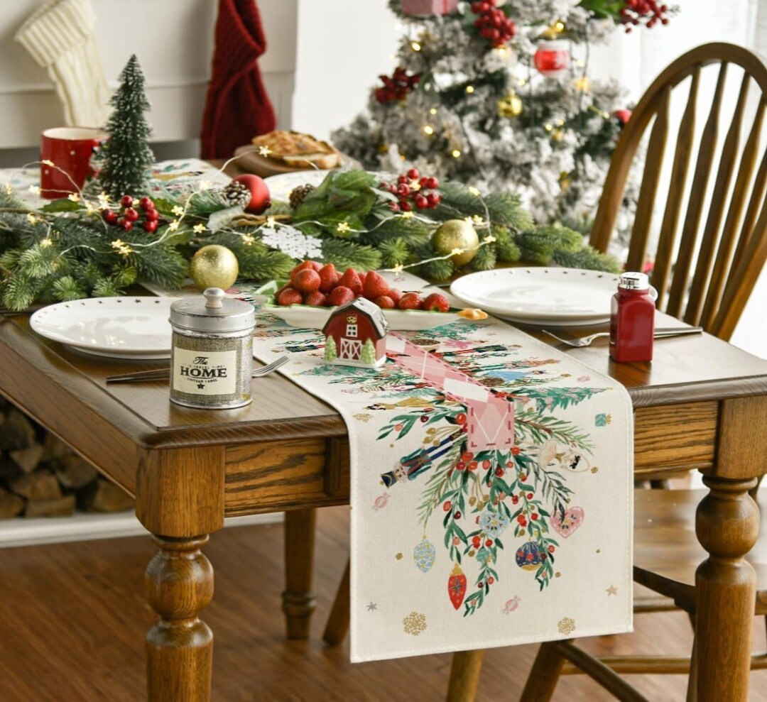 Nutcracker Floral Holly Christmas Table Runner, Seasonal Winter Kitchen ...