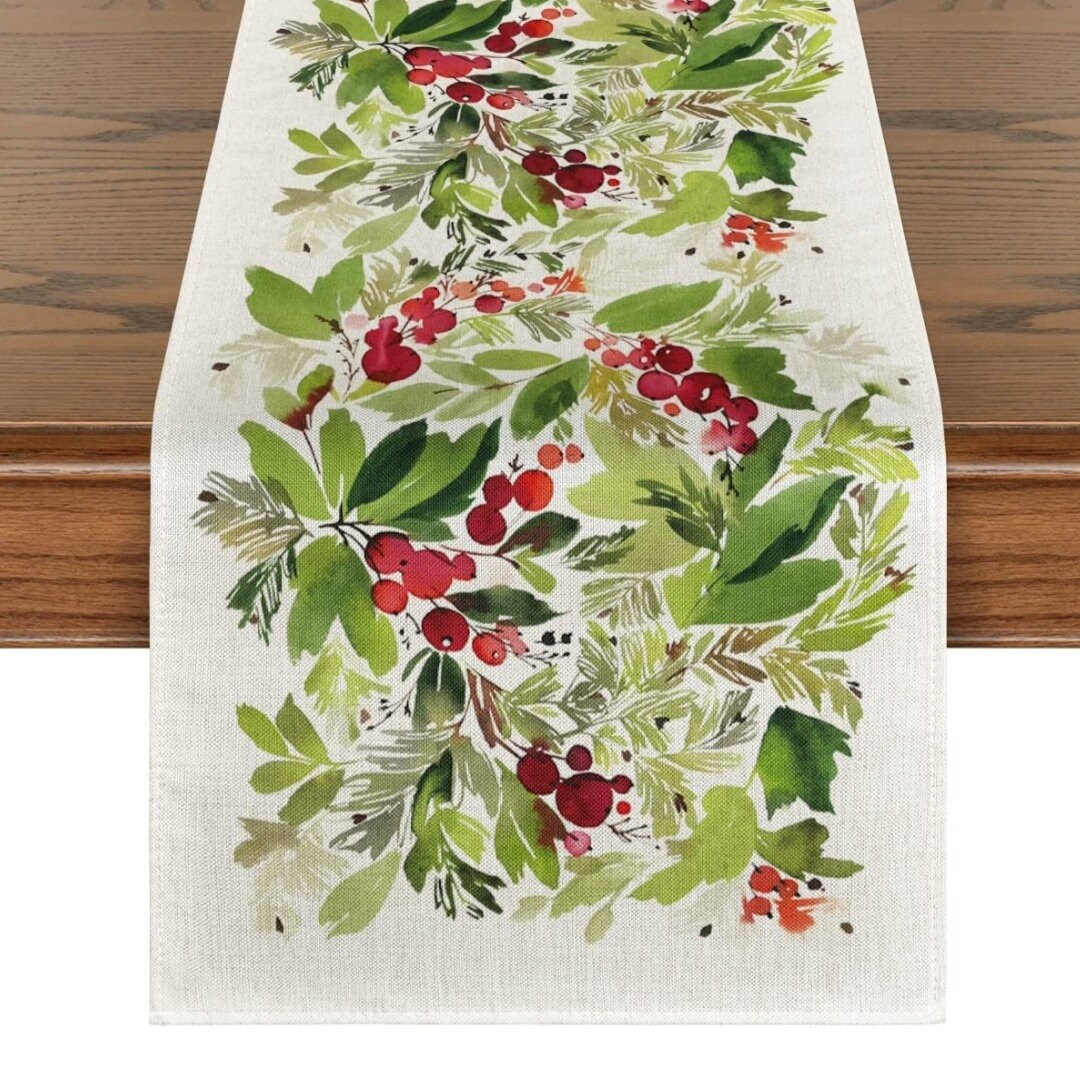 Watercolor Holly Christmas Table Runner, Seasonal Winter Xmas Holiday ...