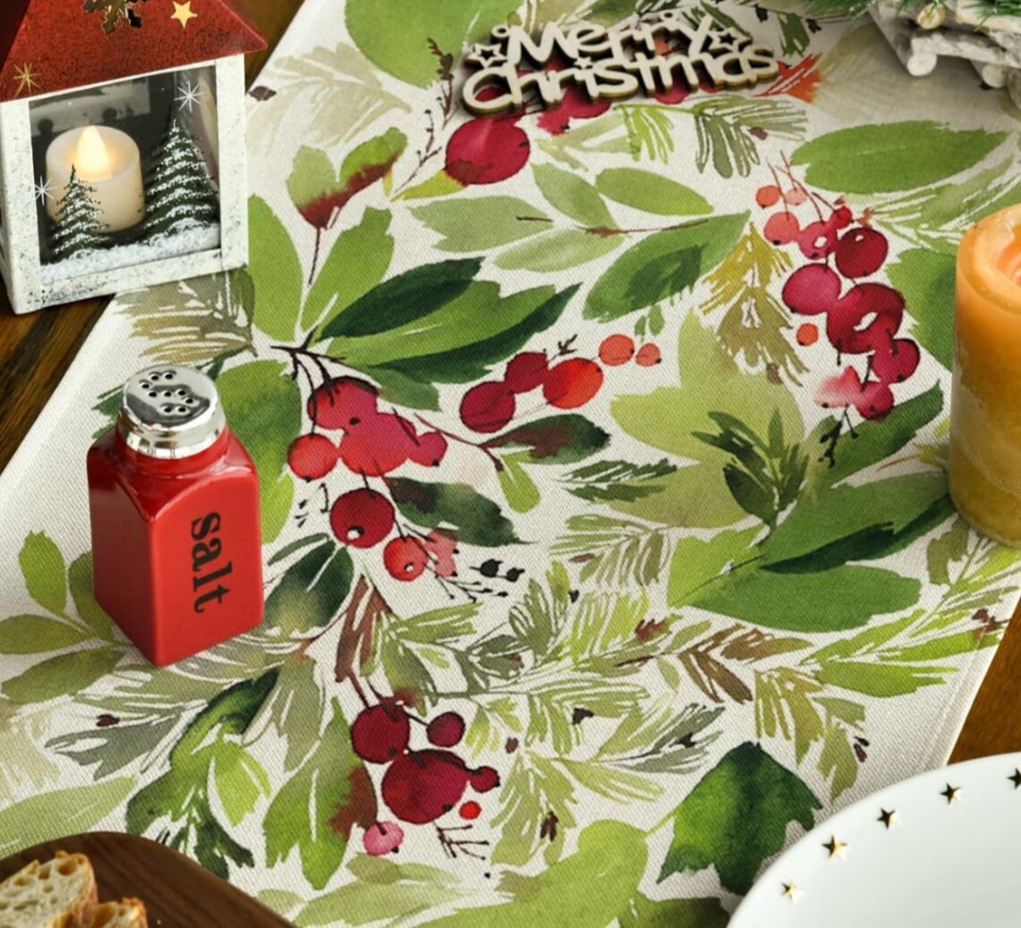 Watercolor Holly Christmas Table Runner, Seasonal Winter Xmas Holiday ...