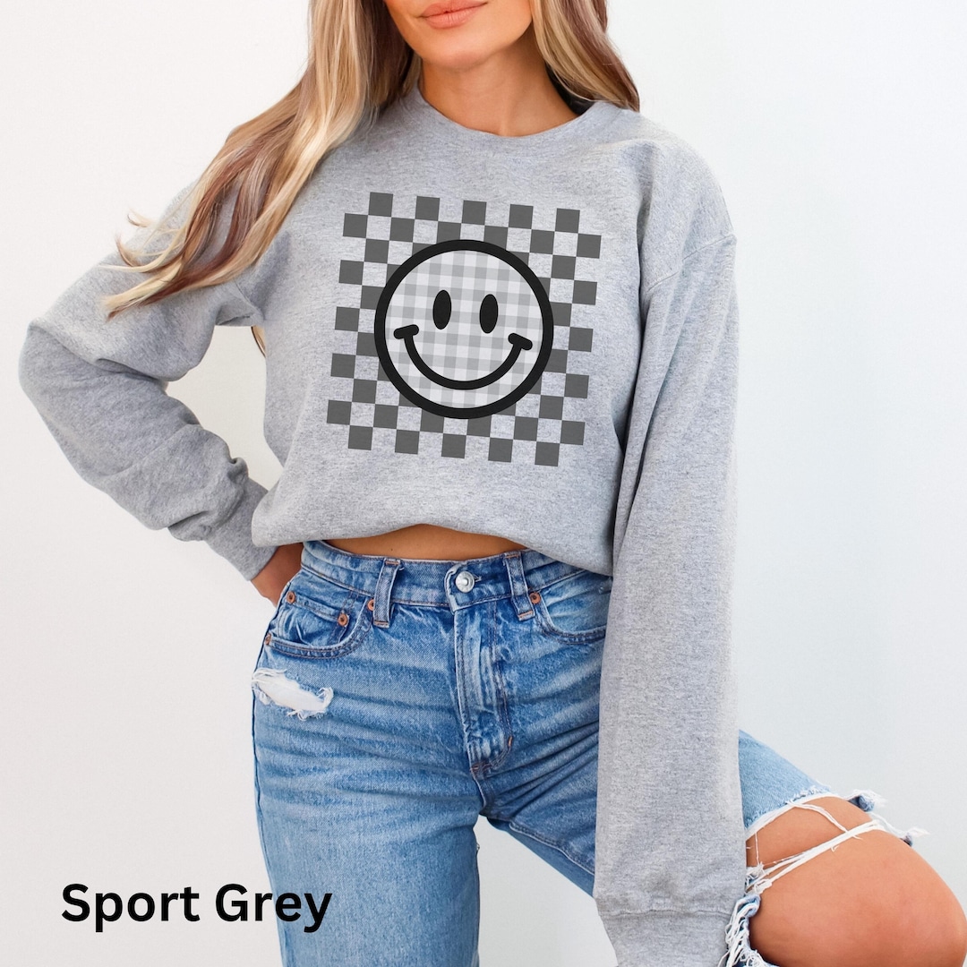 Checkered Smiley Face Sweatshirt, Plaid Smiley Face Crewneck, Trendy Smiley Face Sweatshirt, Y2k ...
