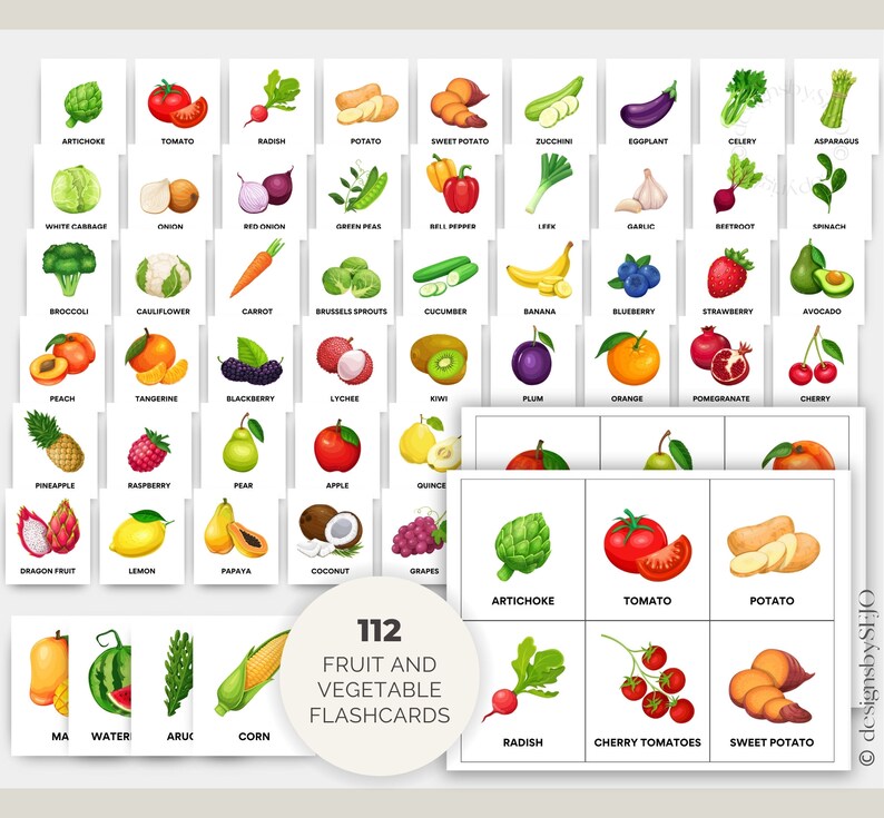 Set of 112 Fruit & Vegetable Classroom Flashcards Educational Flash ...