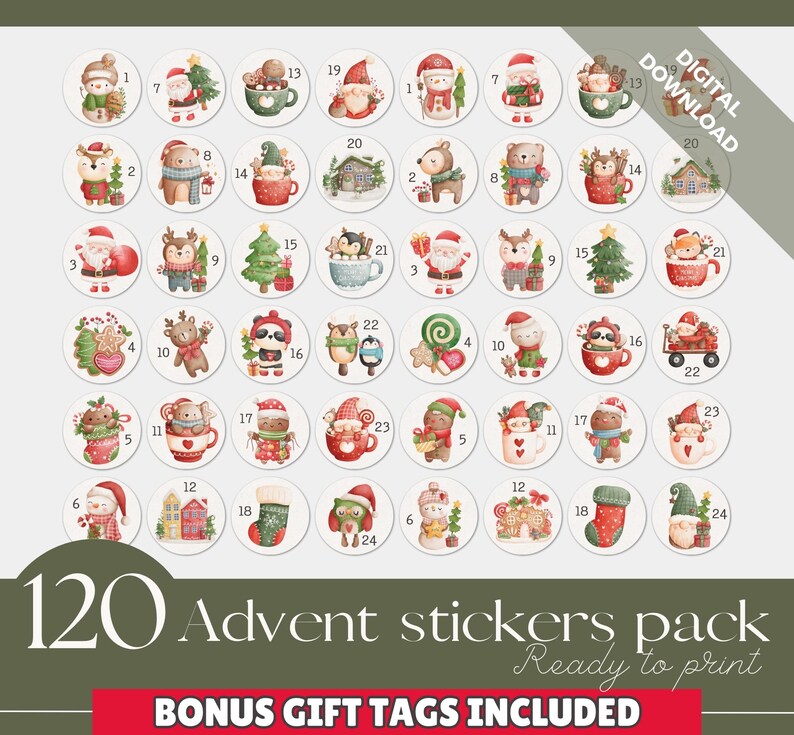 Printable Christmas Advent Stickers: Gift Tag Labels (digital Download ...