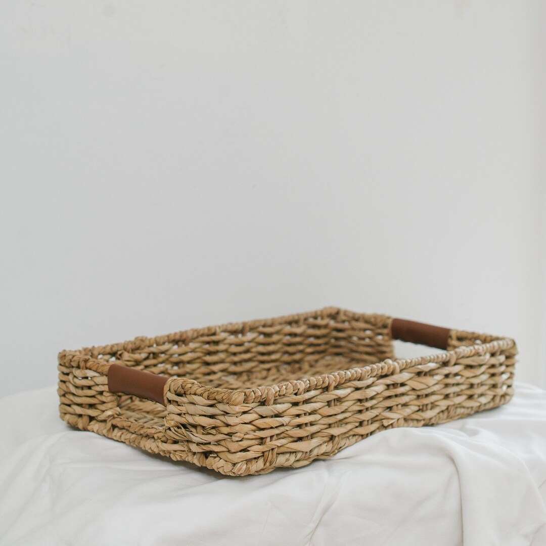 Large Rectangular Decorative Rattan Woven Serving Tray + Leather ...