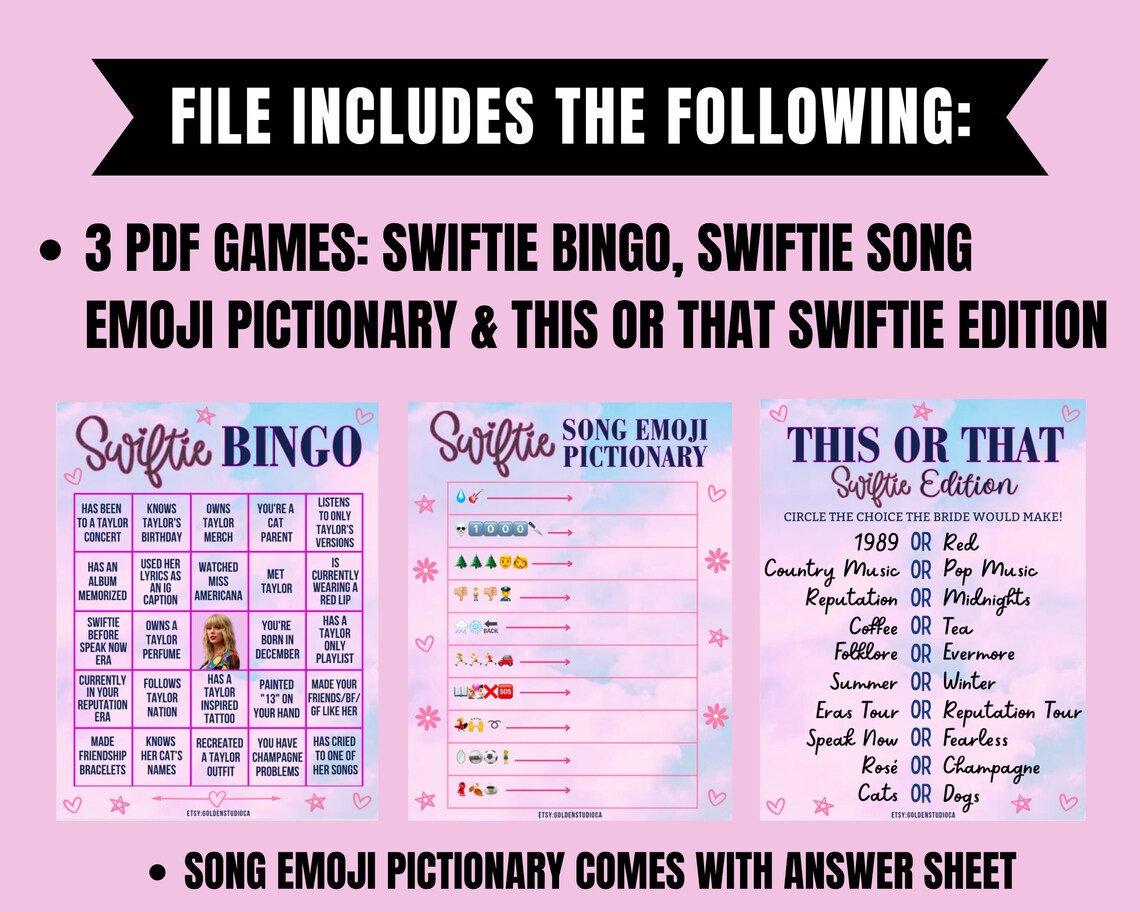 Taylor Swift Themed Bachelorette Party Games - Swiftie Bingo, Song ...