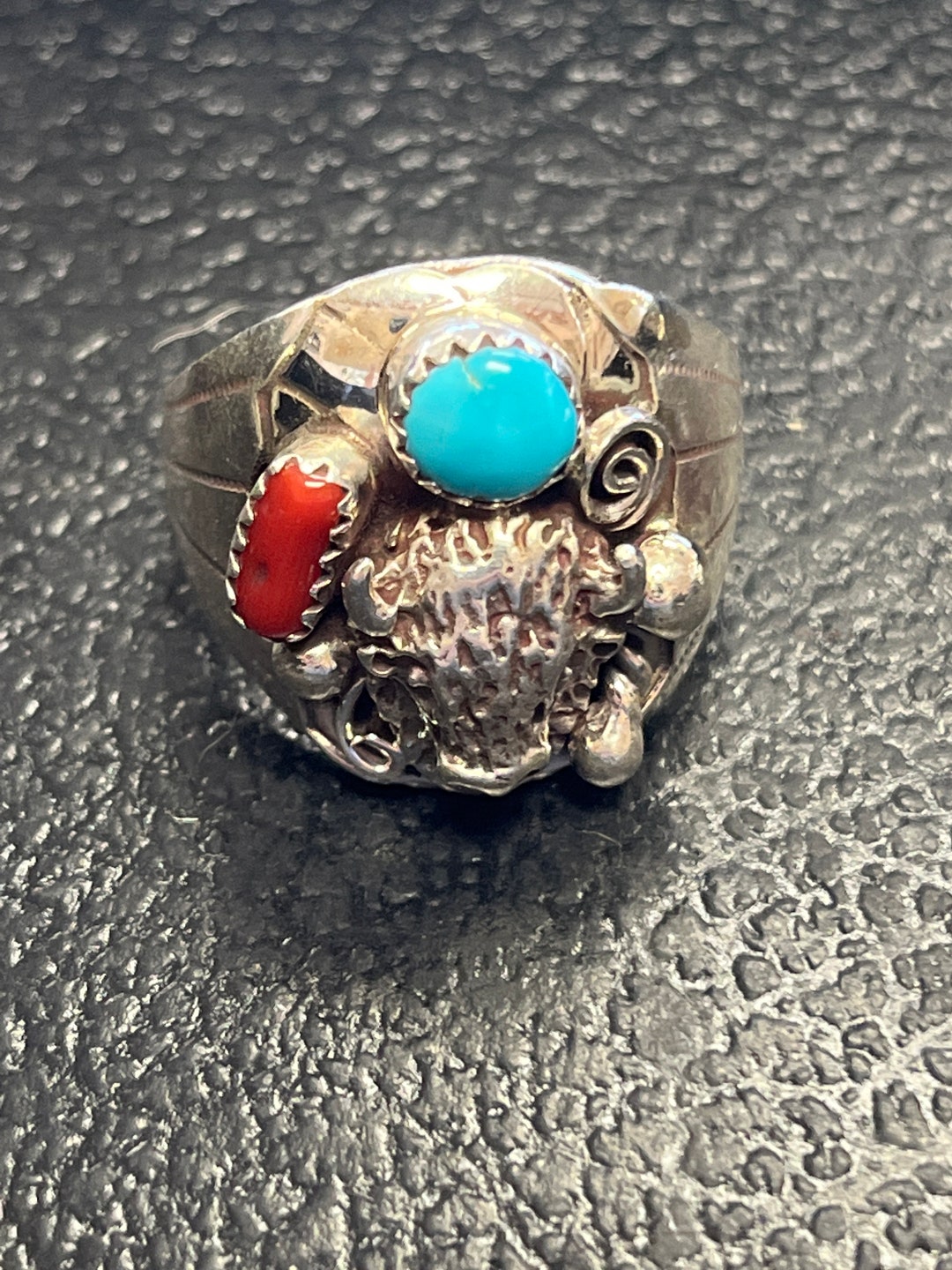 Navajo Handmade Turquoise Coral Sterling Silver Buffalo/bison Head Ring ...