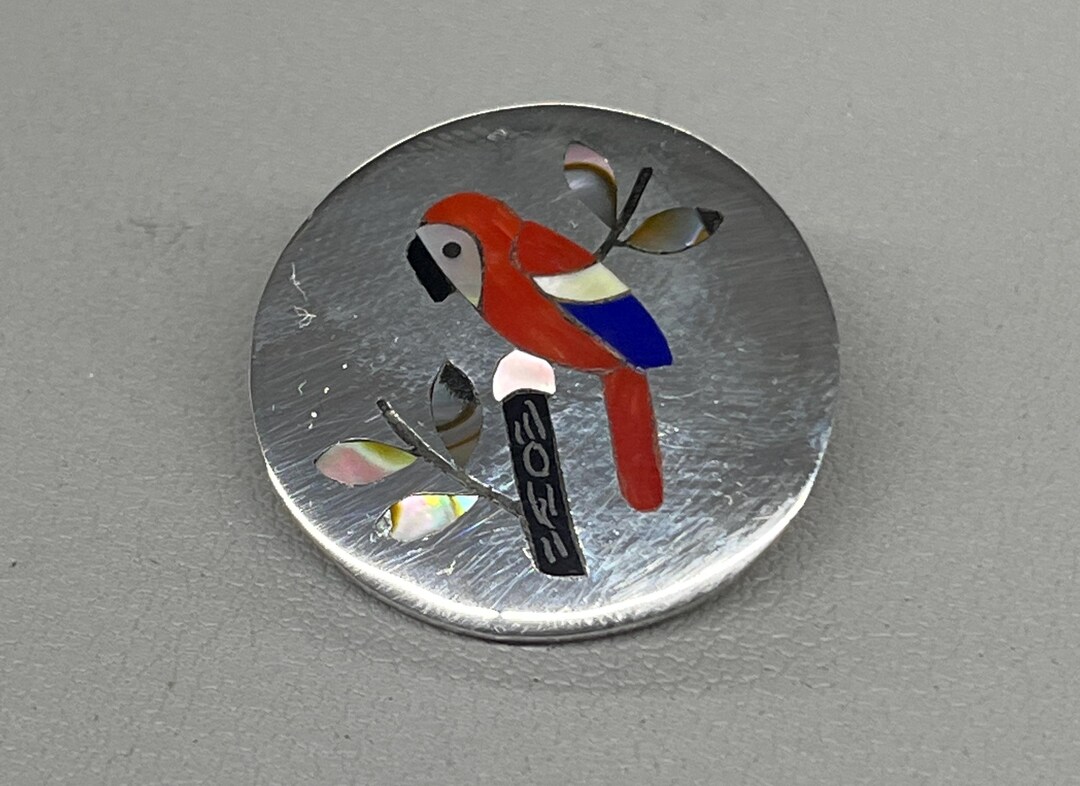 Native American Zuni Handmade Sterling Silver Turquoise Inlay Parrot ...