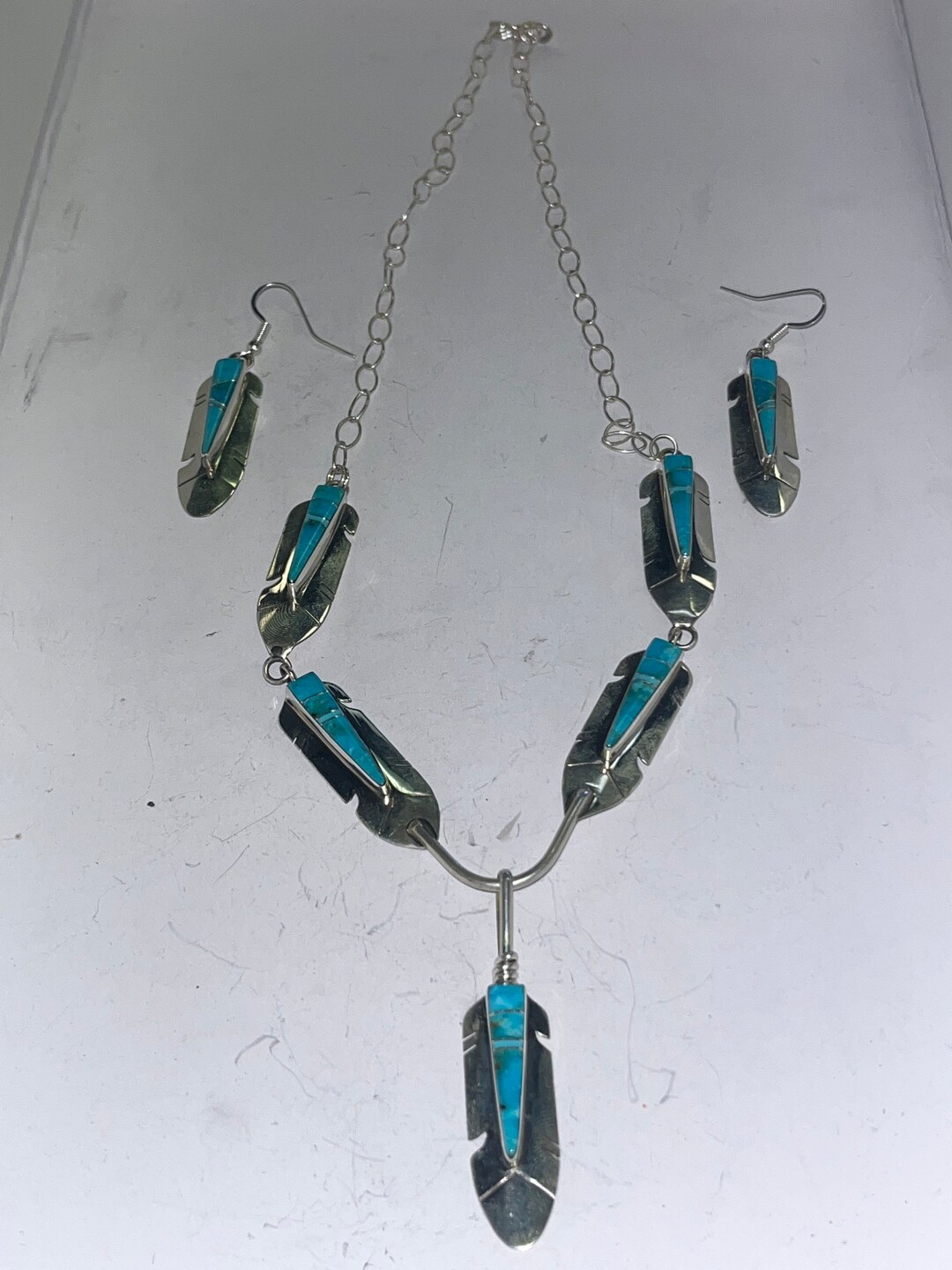 Navajo Handmade Sterling Silver Feather Inlay Necklace With Earrings ...