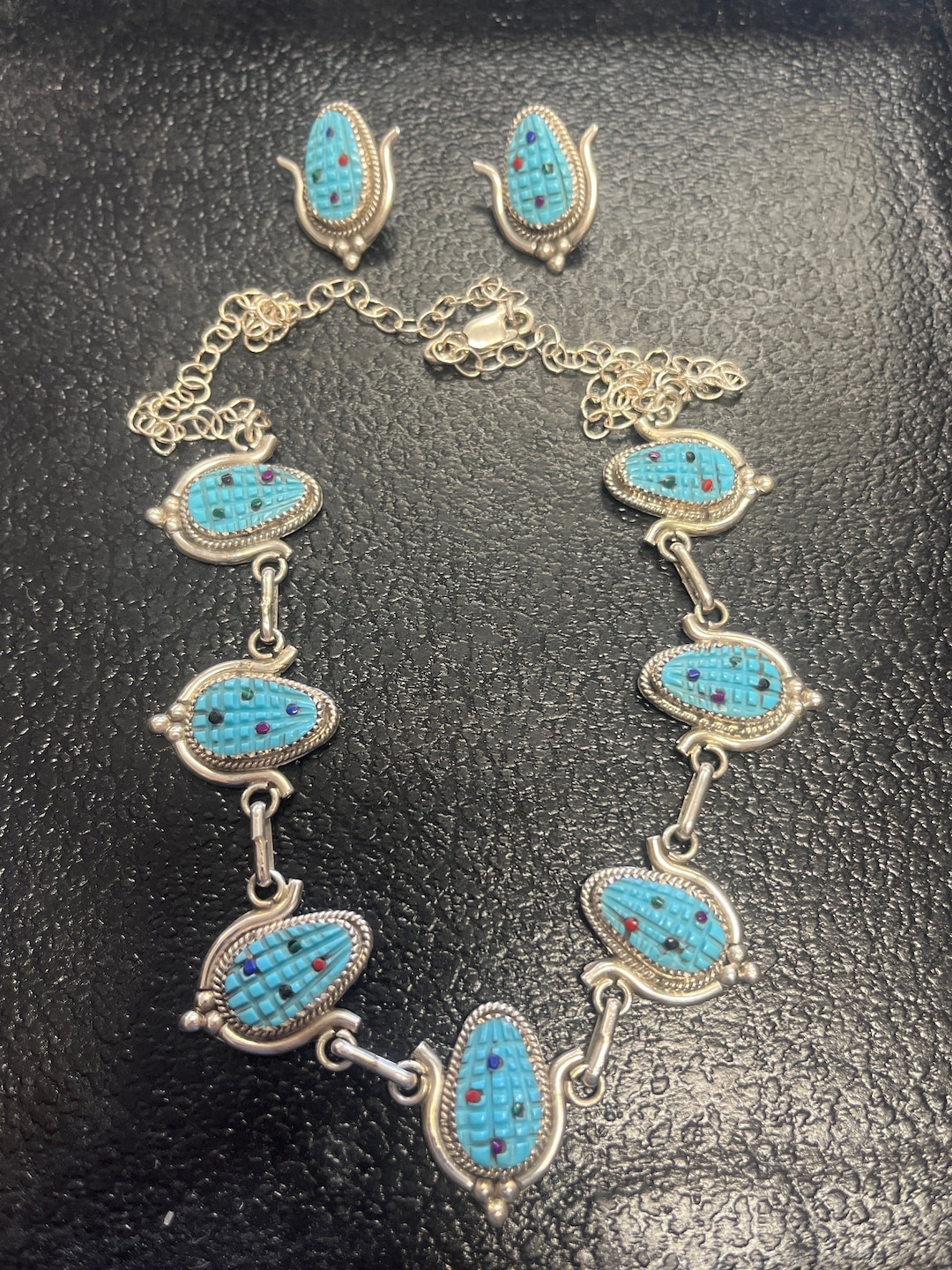 Native American Zuni Handmade Turquoise Corn Necklace Sterling Silver ...