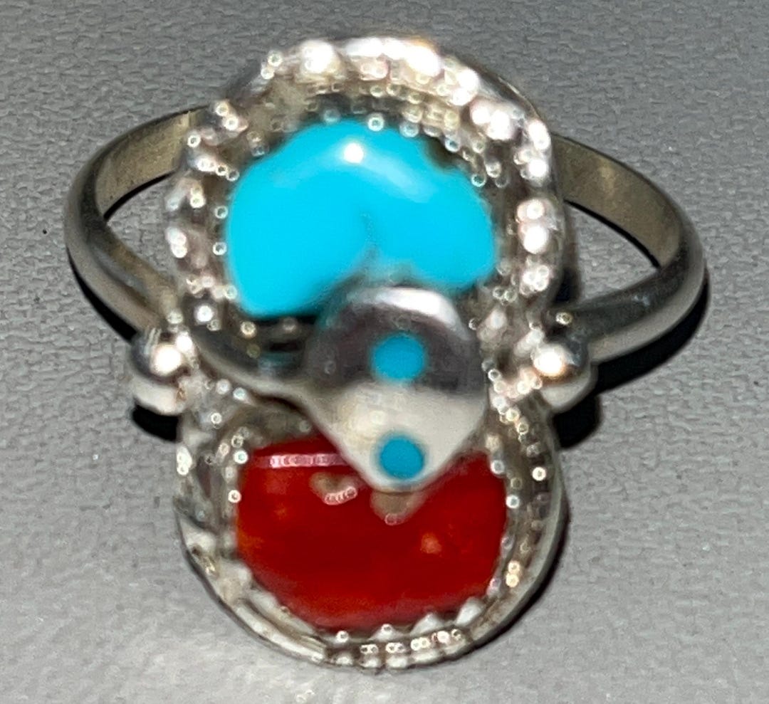 Native American Zuni Handmade Sterling Silver Turquoise and Coral Effie ...
