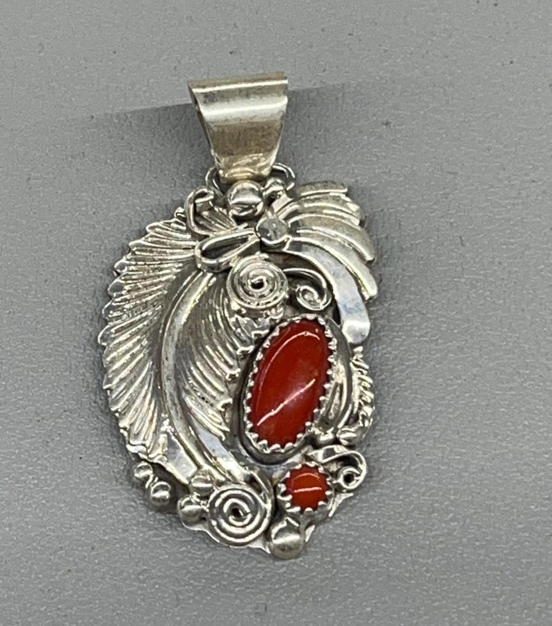 Native American Navajo Handmade Sterling Silver Coral Pendant Feather ...