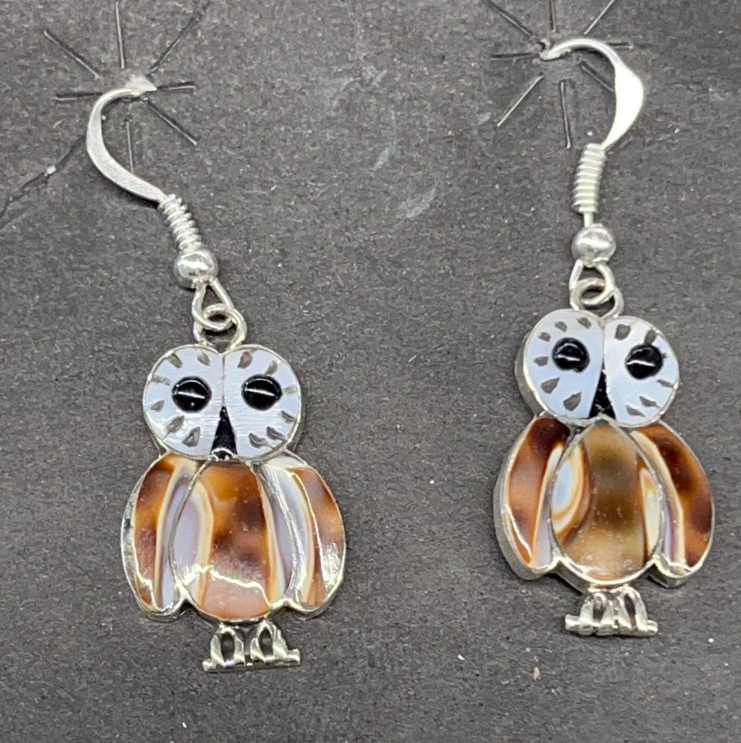 Zuni Handmade Mother of Pearl Onyx Owl Inlay Earrings Sterling Silver ...