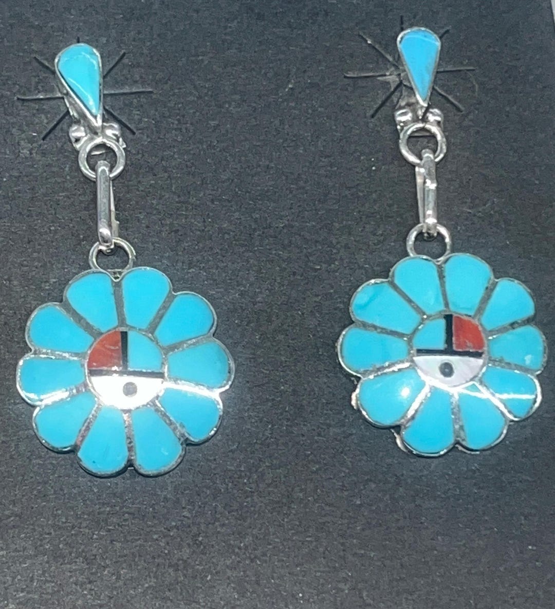 Native American Zuni Handmade Sunface Turquoise Coral Mother of Pearl ...