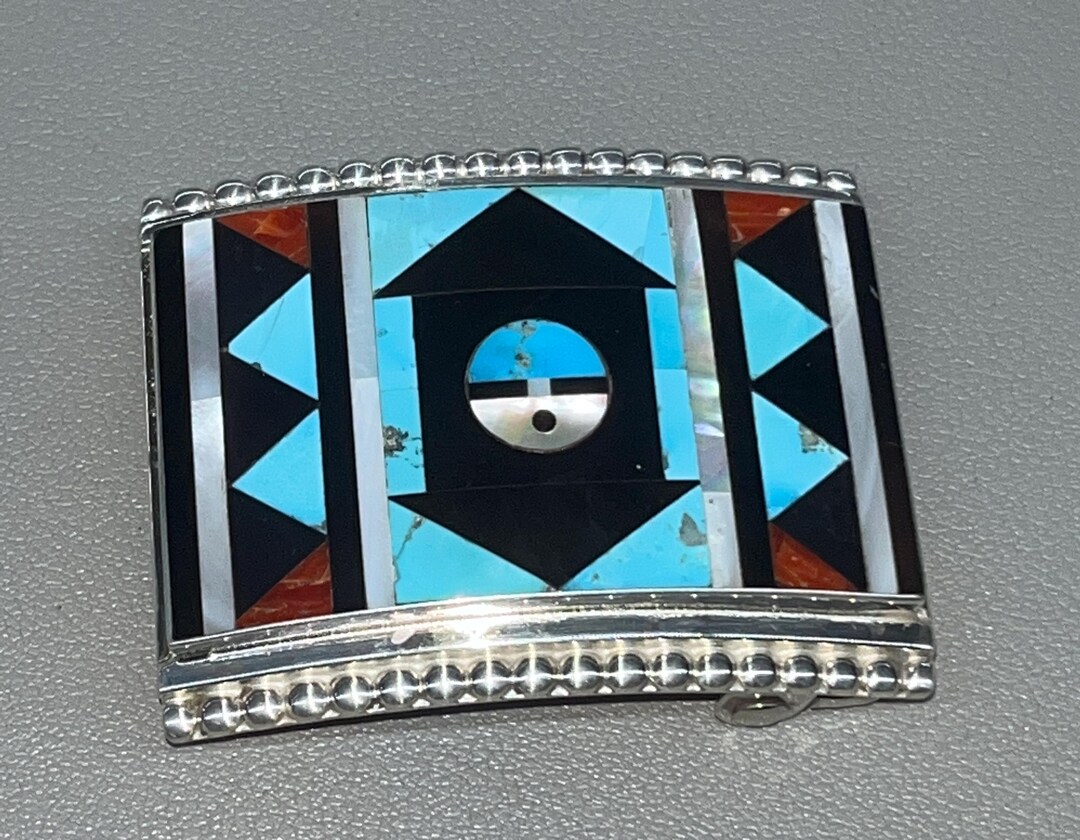 Native American Zuni Handmade Sterling Silver Inlay Sunface Design Belt ...