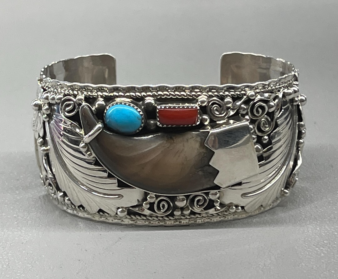 Native American Handmade Sterling Silver Turquoise Coral Cuff/ Bracelet ...